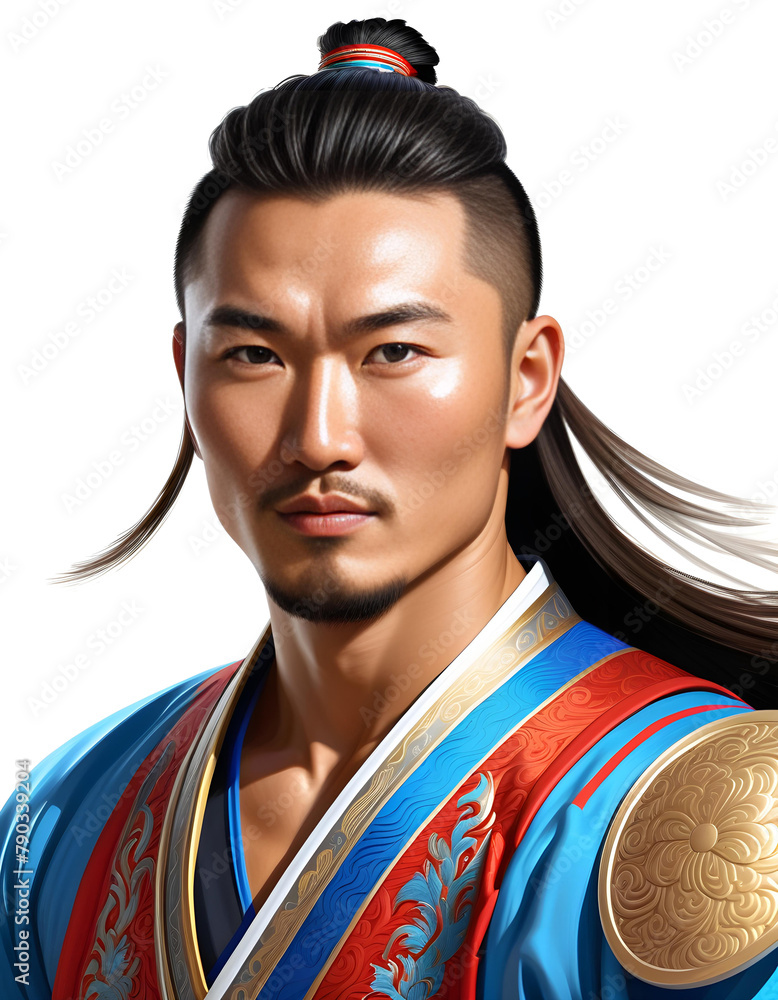 Digital illustration of an Asian warrior in traditional armor with a ...