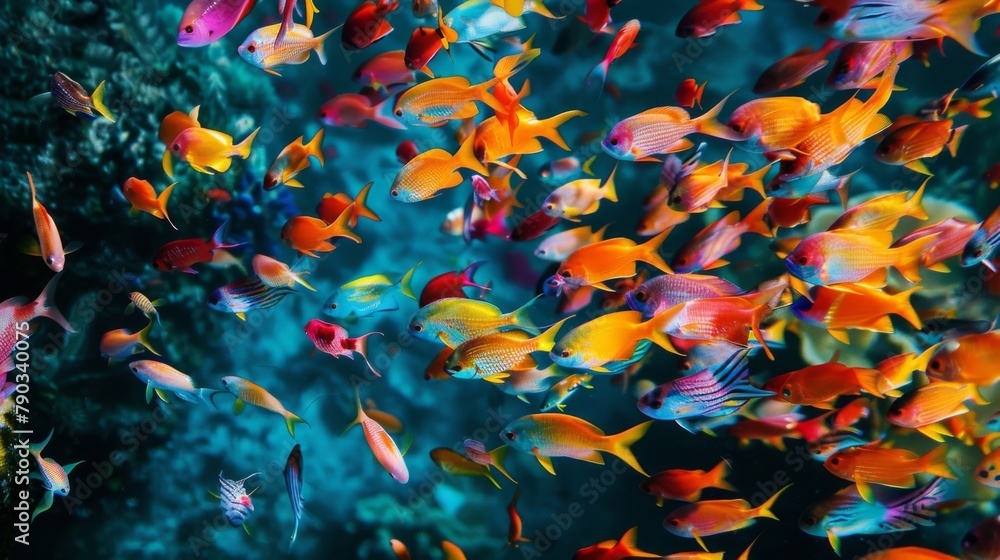 Tropical fish parade: A procession of brightly colored fish swims in ...