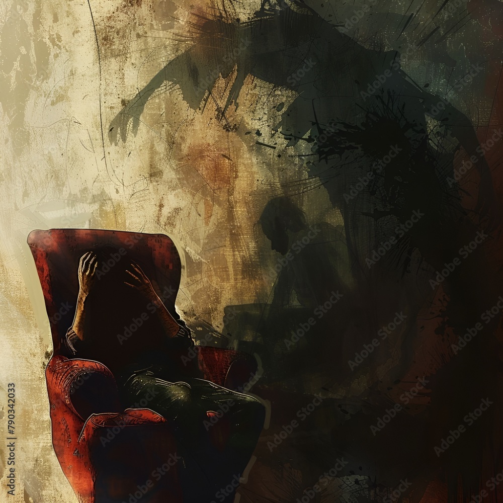 Illustrate a figure slouched in a chair, their hands gripping their ...