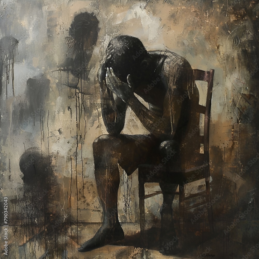 Illustrate a figure slouched in a chair, their hands gripping their ...