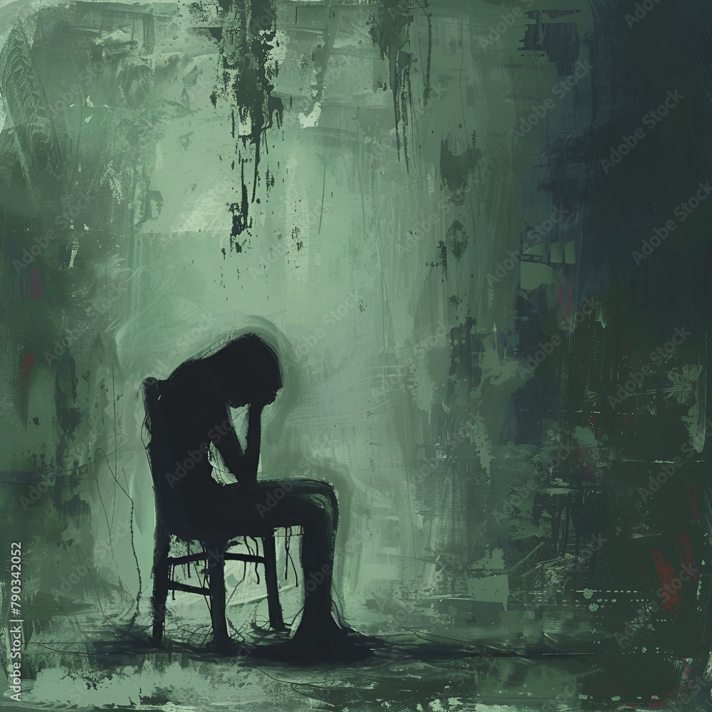 Illustrate a figure slouched in a chair, their hands gripping their ...