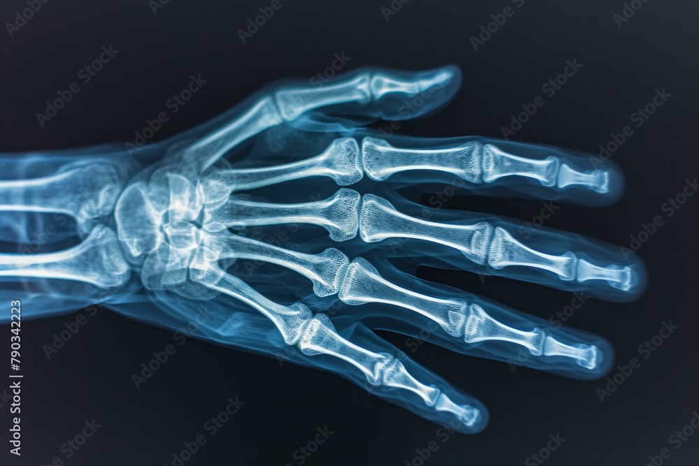 This photo shows a detailed x-ray image of a hand, showcasing the ...