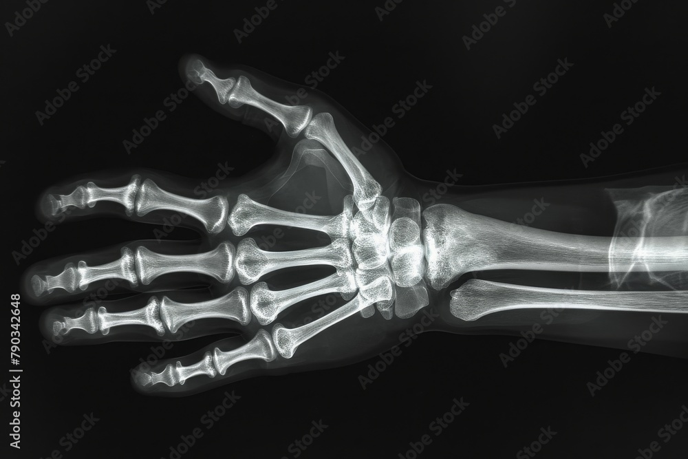 This image shows an x-ray of a hand, revealing the structure and ...