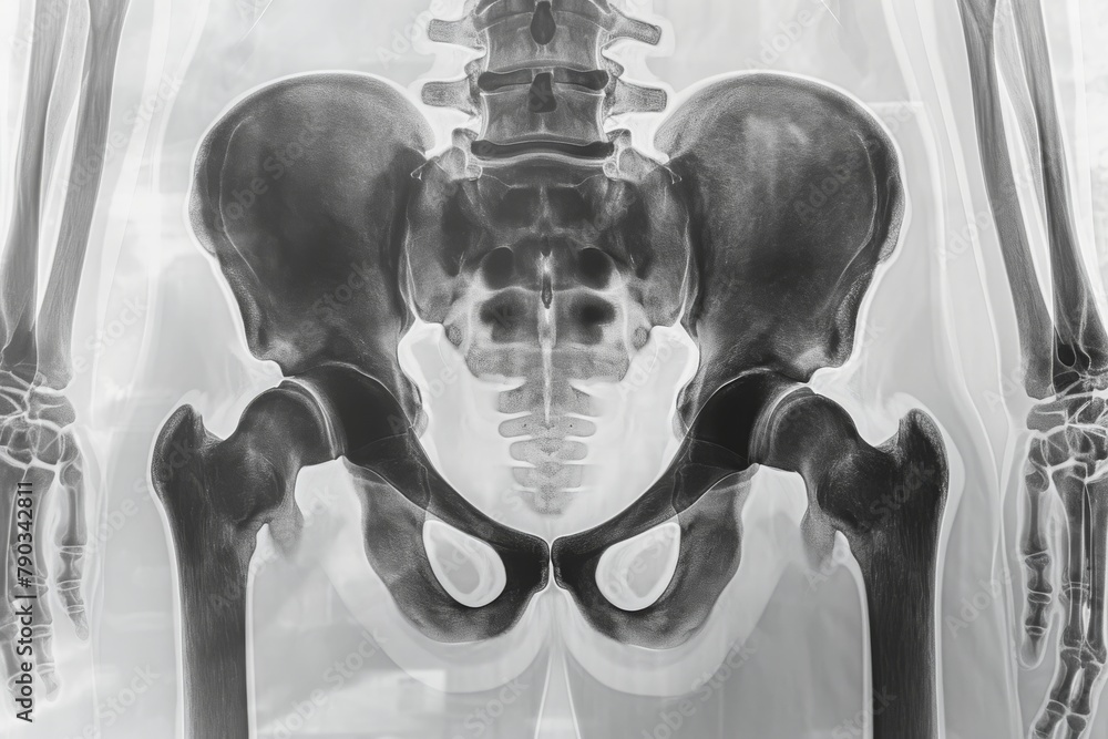 A Black and White Photo of a Human Skeleton, Detailed X-ray of the hips ...