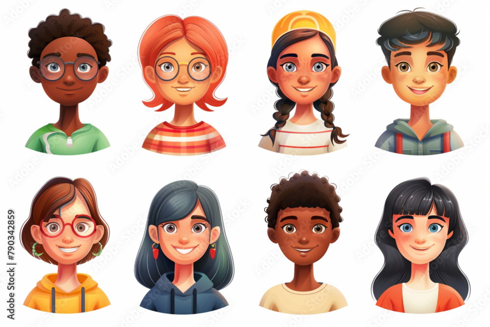 Set of portraits of teenagers. Avatars of boys and girls of different ...
