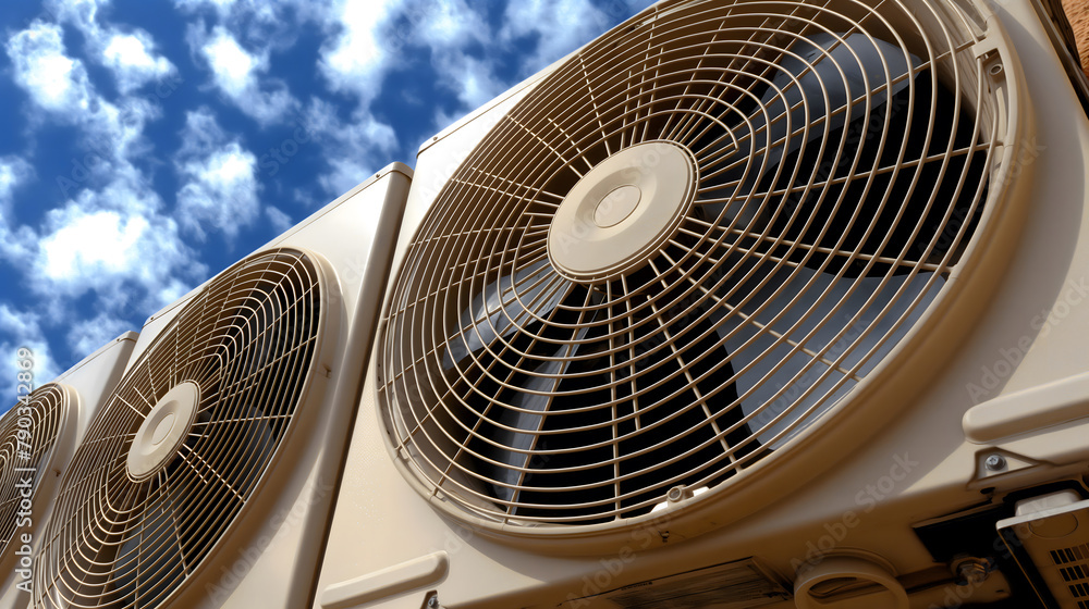 Upward angle view of modern HVAC outdoor units with spinning fans, set ...