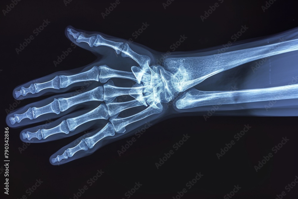 This x-ray image depicts a hand with a skeleton hand, providing a ...
