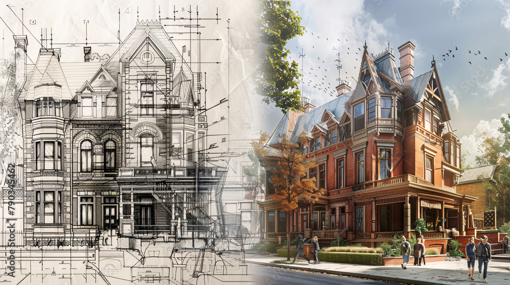 Victorian Architectural Blueprint to Reality Transition, Evolution of Victorian Townhouse from ...
