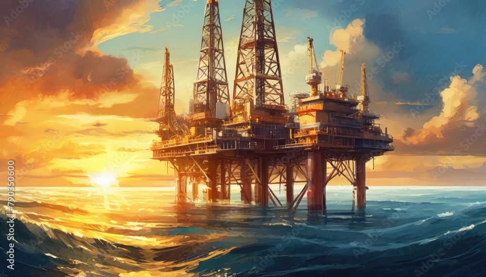 Offshore oil rig drilling platform at sunset. Oil and gas platforms ...