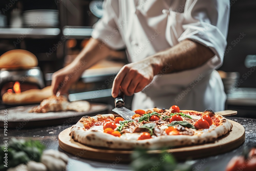 Bakery chef prepares pizza closeup, pizza making process, chef ...