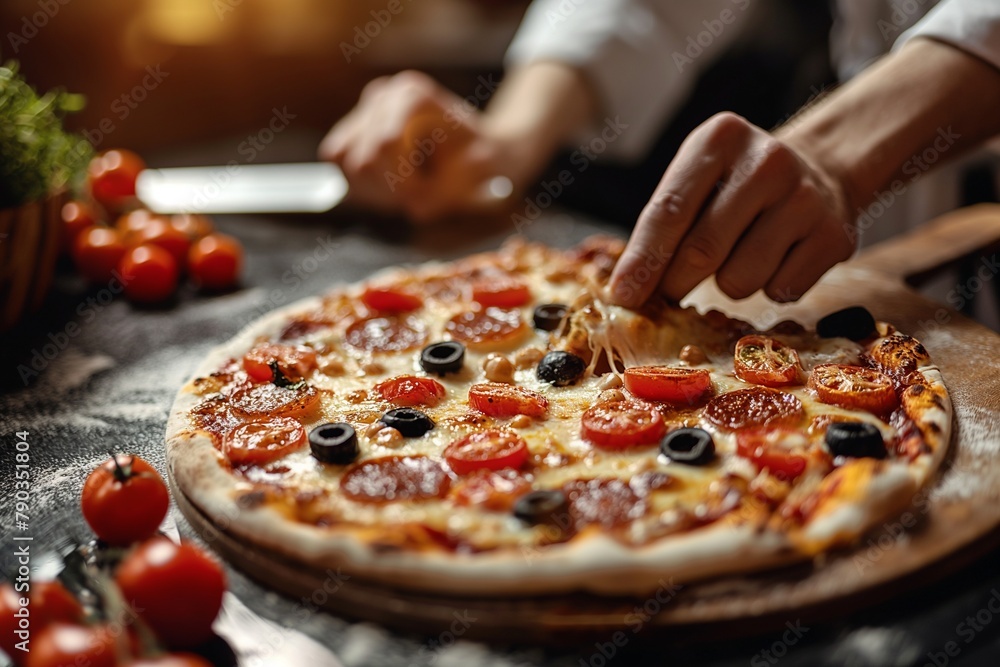 Bakery chef prepares pizza closeup, pizza making process, chef ...