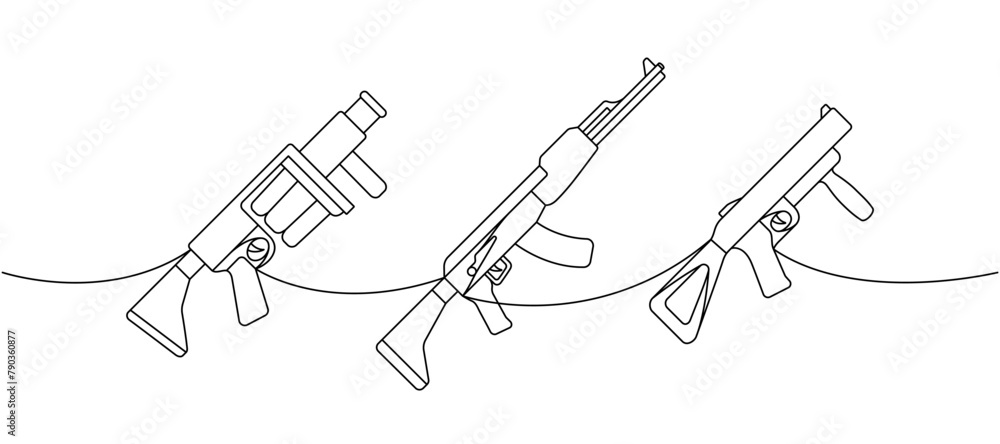 Various modern weapons one line continuous drawing. Grenade launcher ...