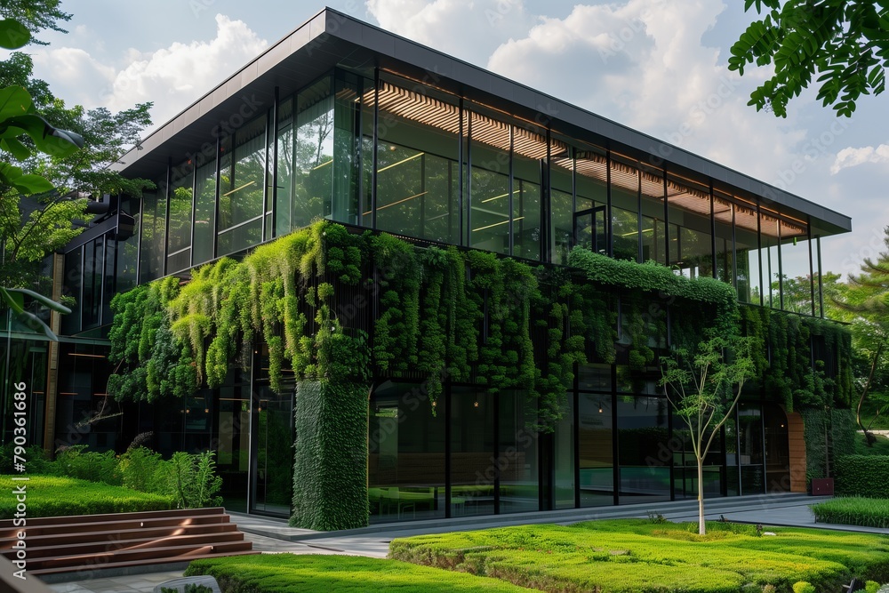 Eco-friendly building. Sustainable glass office building with tree for ...
