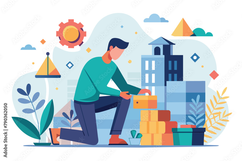 A man stacking boxes to form a pile in a warehouse setting, a man in ...