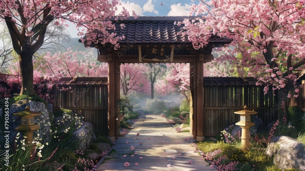 Sakura garden gate: A traditional wooden gate is framed by cascading ...