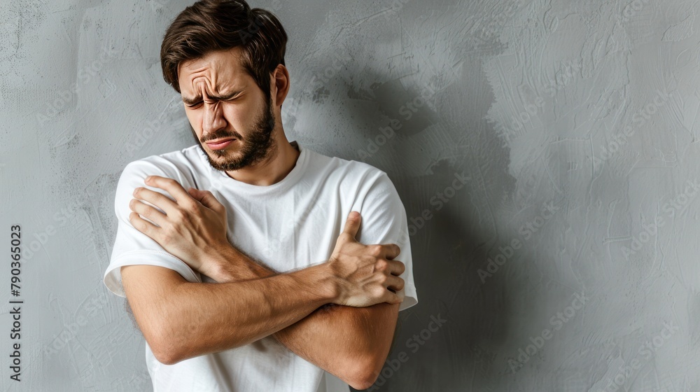 Portrait a man unhealthy feeling a pain sick in his elbow body on grey ...