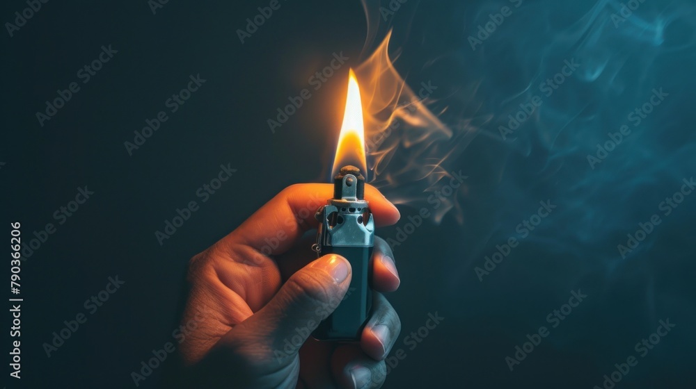 Human hand holding a burning lighter on dark wall room background. AI ...