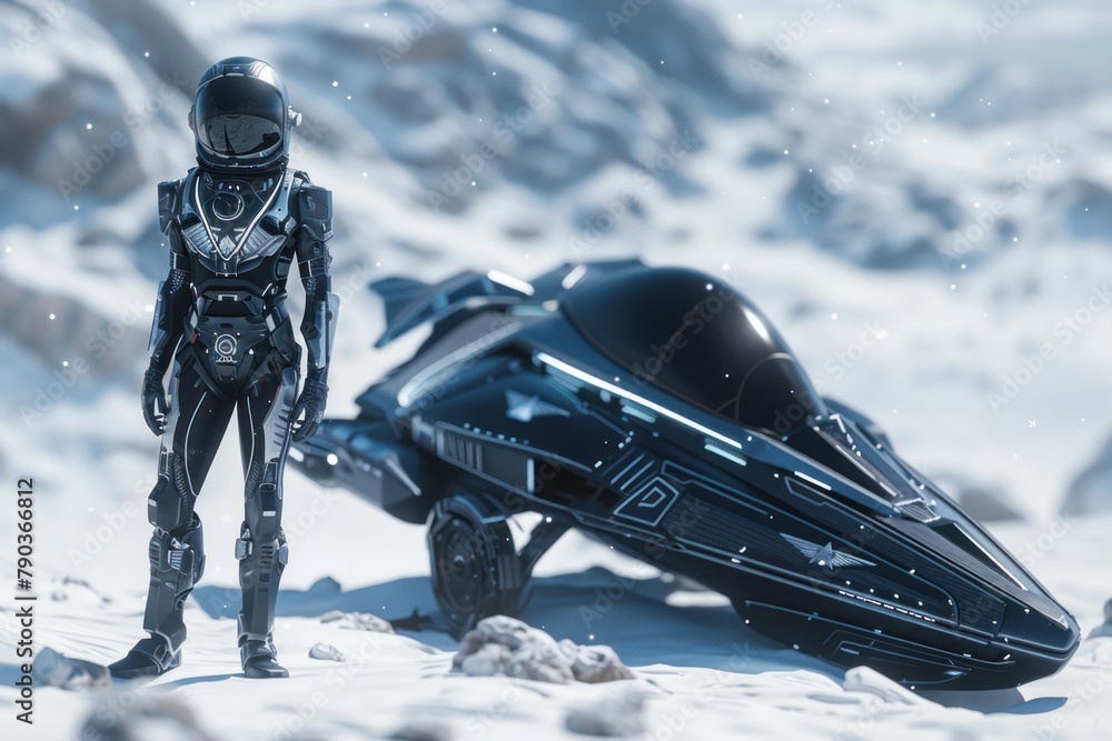 The figure of a girl in a spacesuit standing next to a small spaceship ...