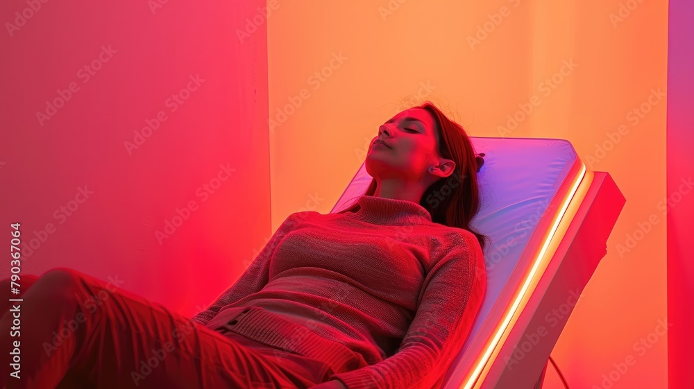 Woman relaxing with glowing cubes and VR - A contemporary image showing ...
