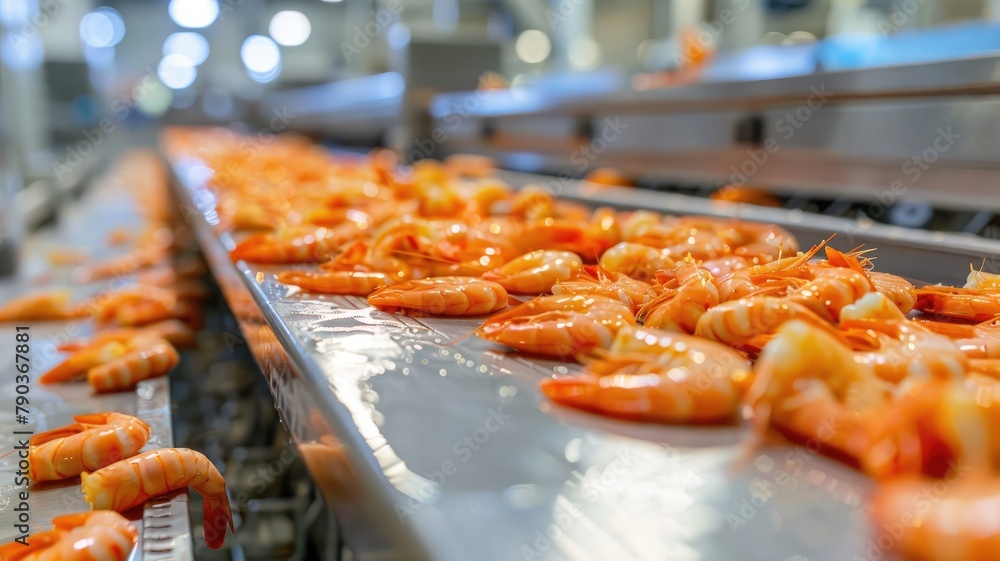 Seafood factory conveyor belt with prawns - A seafood factory's ...