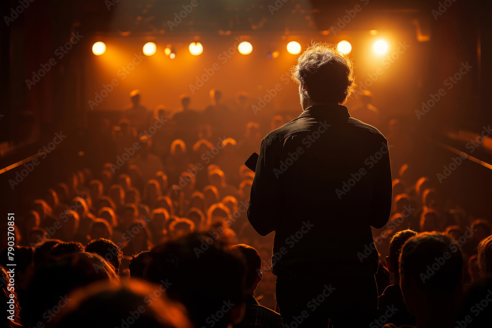 Man, stand up comedy and back with audience for funny story, joke and ...