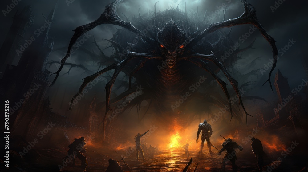 A giant demon-like creature with red eyes and many long legs stands ...