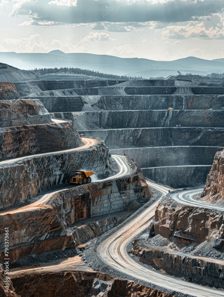 Serpentine roads in a large strip mine - An open-pit mine with a ...