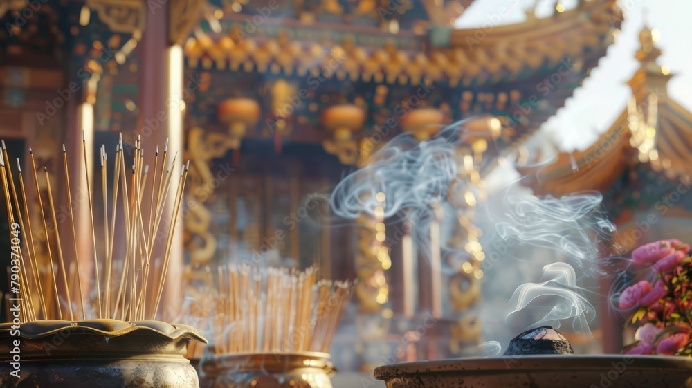 Incense smoke rising at a temple ceremony - Ethereal smoke wafts from ...