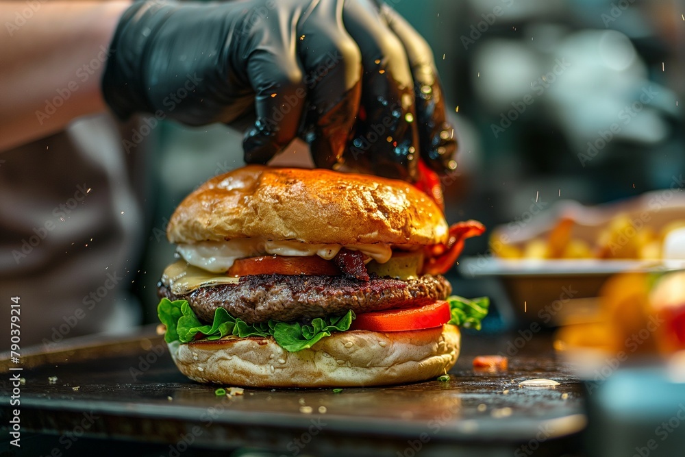 bakery chef prepares burger closeup, beef burger-making process, burger ...