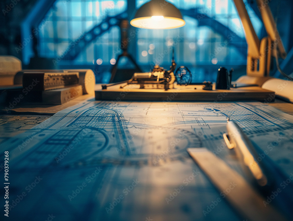 Engineer, Blueprint, Analyzing the architectural features and ...