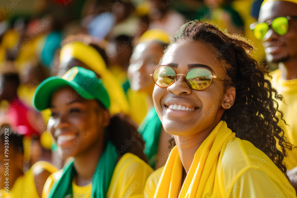 Jamaican football soccer fans in a stadium supporting the national team ...