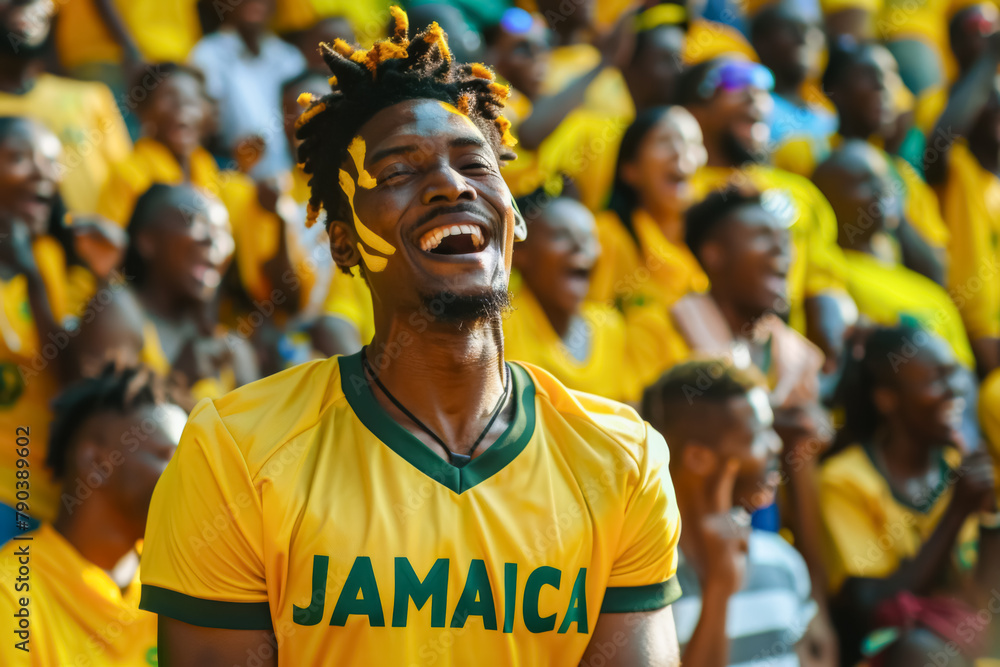 Jamaican football soccer fans in a stadium supporting the national team ...