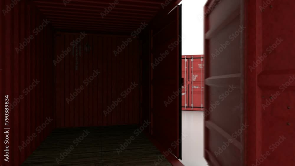 seamless move thru shipping containers with doors opening on white ...