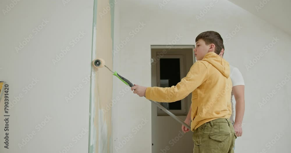 Children help father, family repair project. Father and his son ...