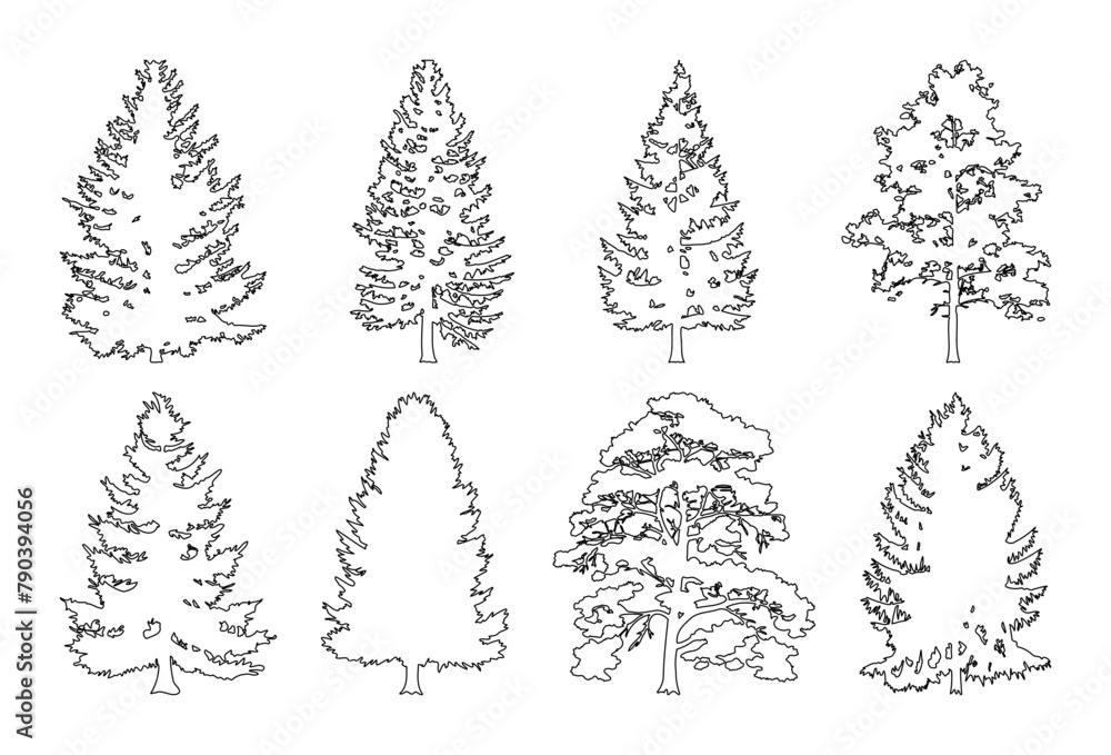 Flat vector trees set stroke outline. Tree icons are set in modern flat ...