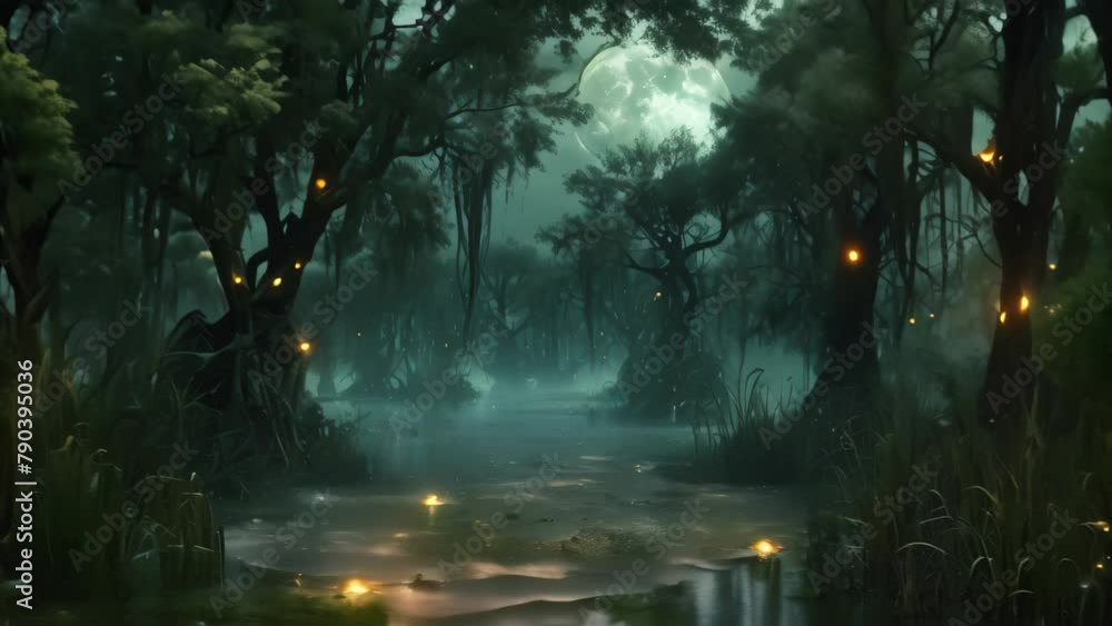 A Painting of a Swamp at Night With a Full Moon, Spooky moonlit swamp ...
