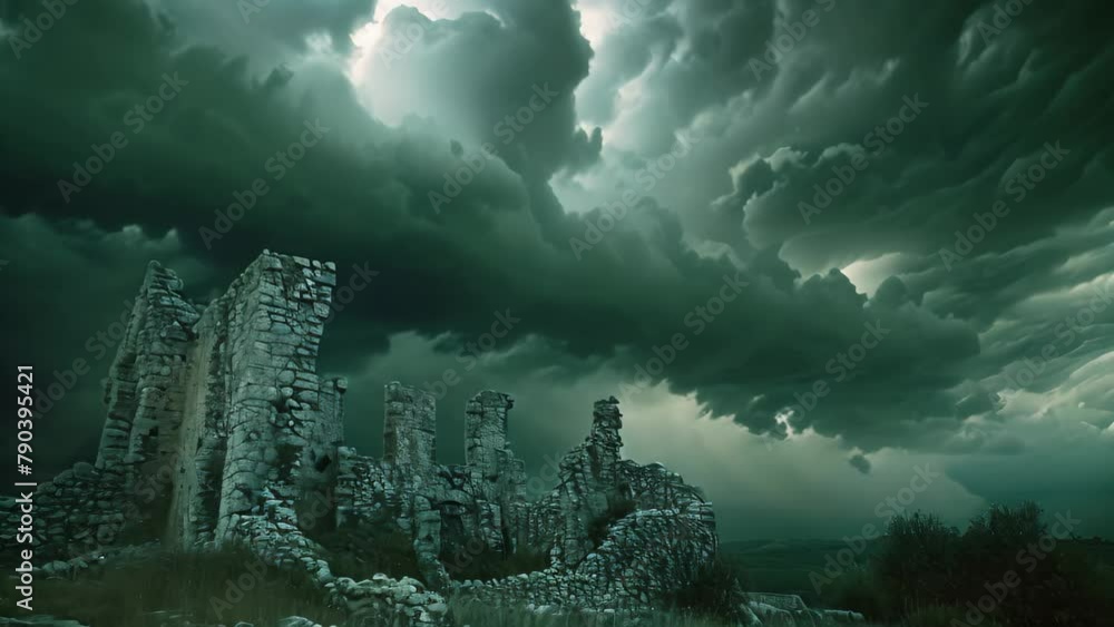 A towering castle stands under a foreboding stormy sky, its dark clouds ...