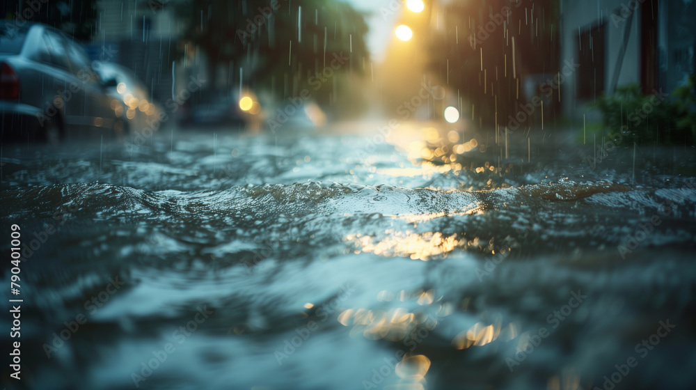 Water flooding a city street, captured to show the impact of extreme ...