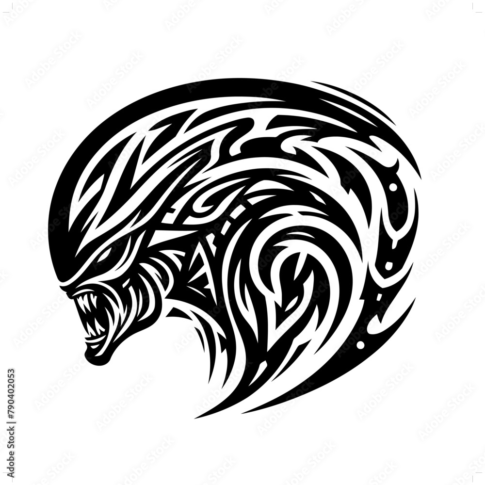 alien predator in modern tribal tattoo, abstract line art of horror ...