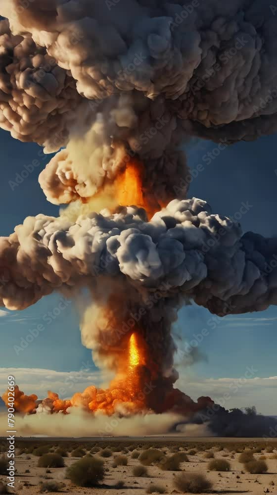 3D animation of Huge nuclear bomb explosion with a mushroom cloud, weapon of mass destruction ...