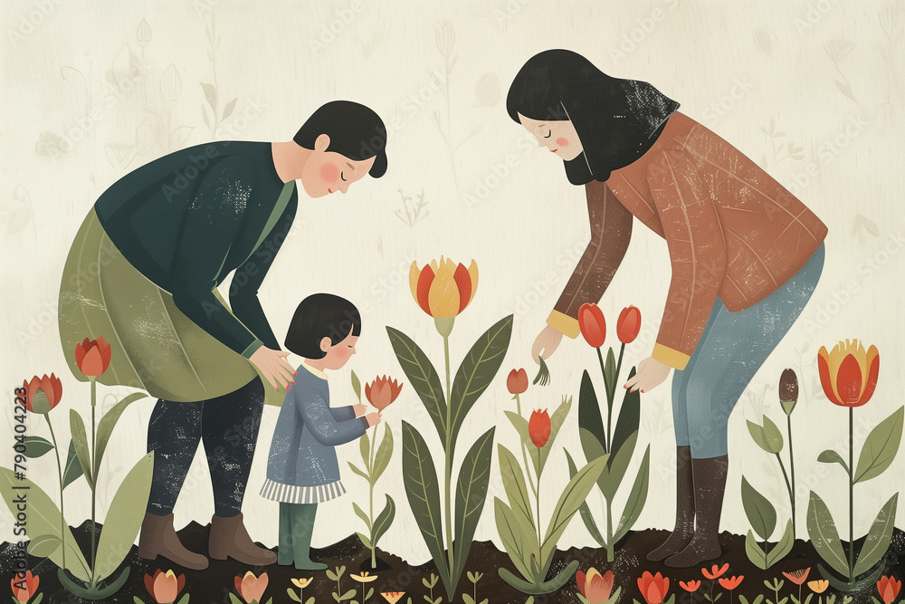 teamwork and cooperation of family members as they plant flowers ...