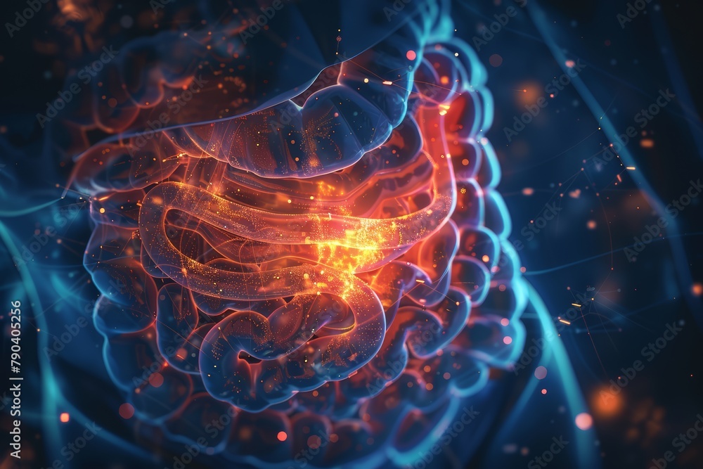 Medical illustration of a model with abdominal pain. Gut and stomach ...