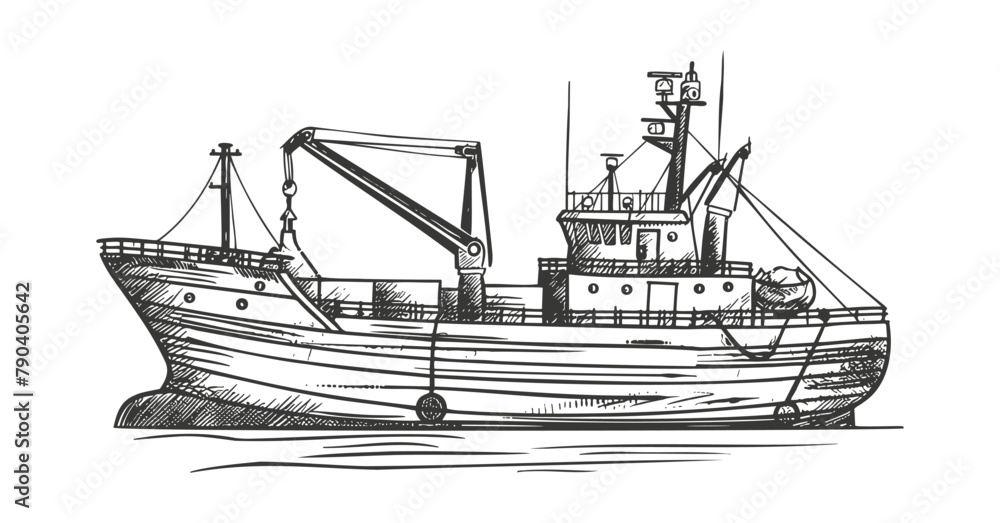Commercial fishing trawler at sea ink drawing. Vector illustration ...