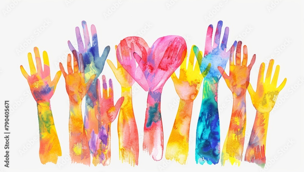 Watercolor painting of colorful hands and a heart as a symbol of love ...
