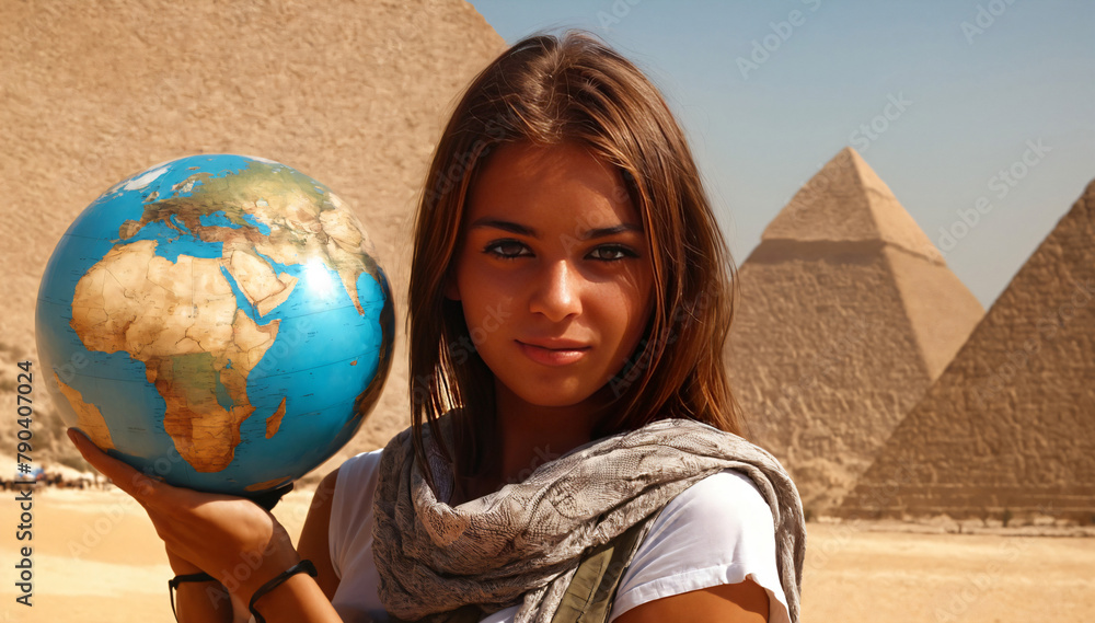 Tourist girl in close up on background of Egyptian pyramids hold a ...