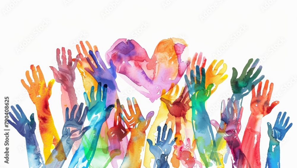 Watercolor painting of colorful hands and a heart as a symbol of love ...