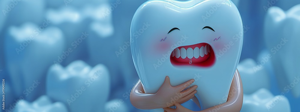 Cheerful tooth character hugging itself among other teeth, possibly ...