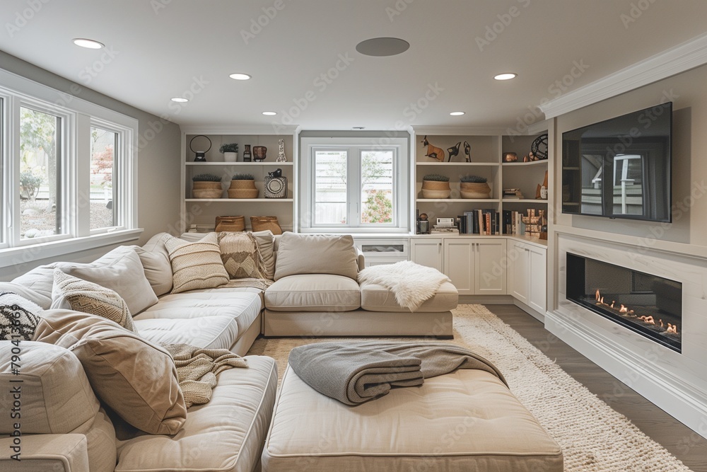 Bright and airy basement conversion into a spacious living area, with ...