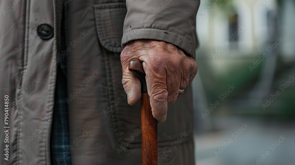 Elderly hands resting on stick indoor in a nursing home. Close up hands ...