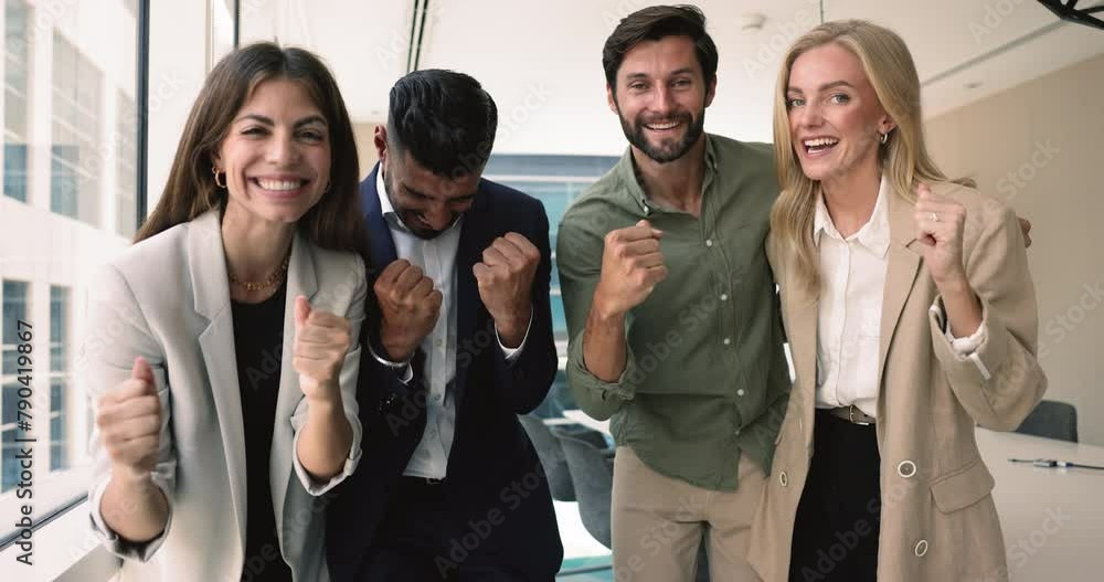 Happy team members celebrate shared success, joint achievement ...